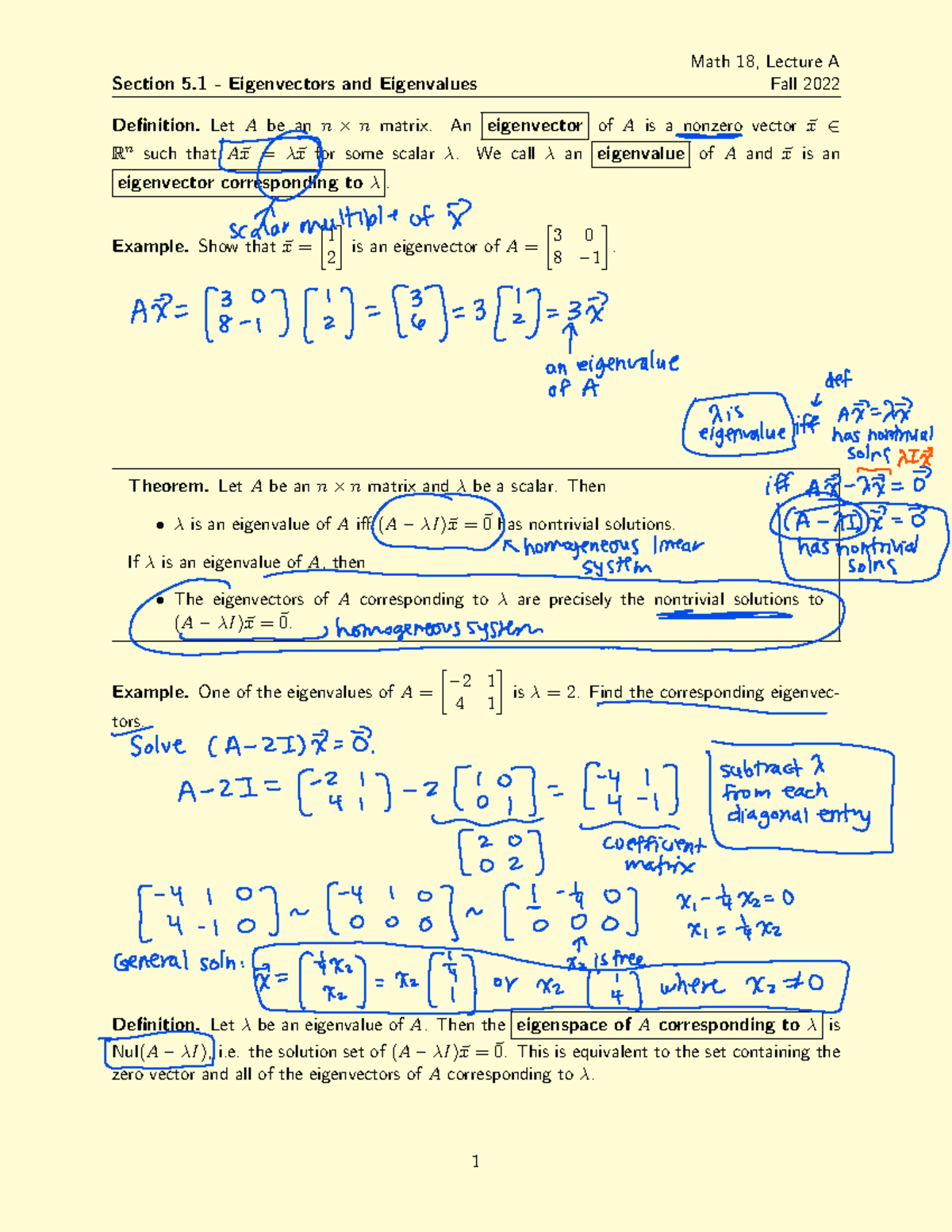 Section 5 - 5.1 - Section 5 - Eigenvectors and Eigenvalues Math 18, Lecture A Fall 2022 ...