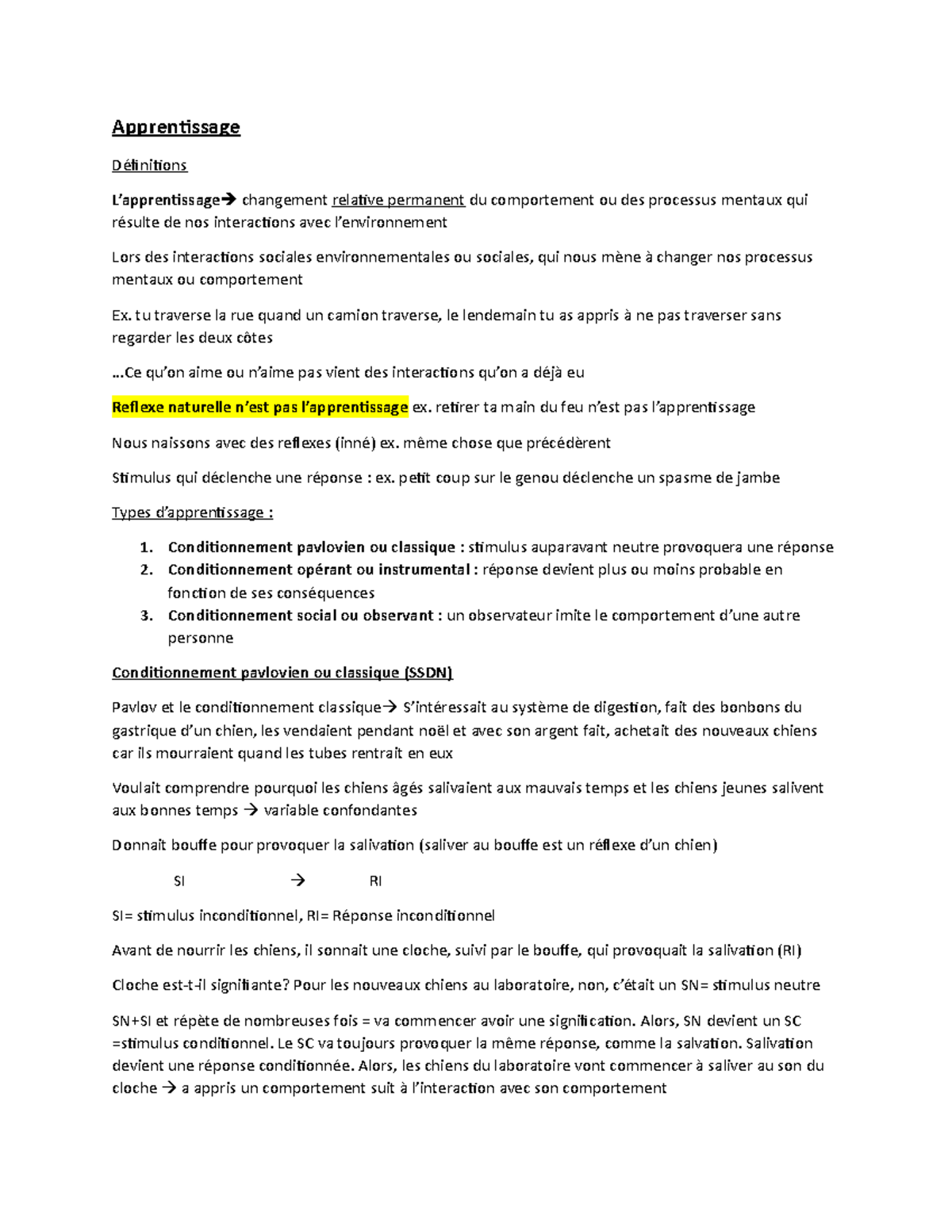Module 7 - Notes - Apprentissage Définitions L’apprentissage changement ...