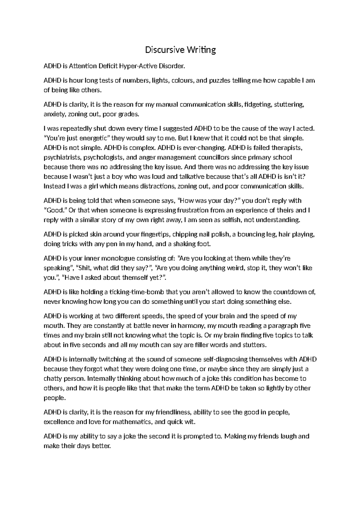 Discursive Writing task - ADHD - Discursive Writing ADHD is Attention ...
