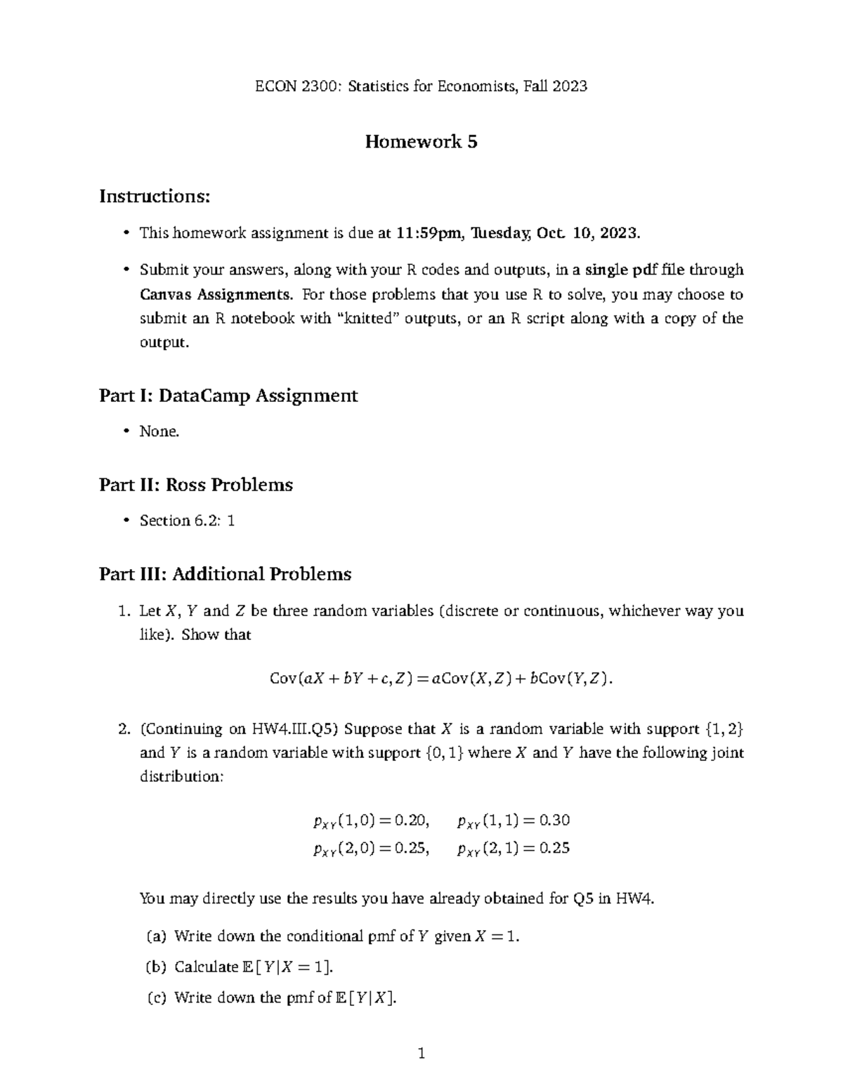 HW05 - hw5 - ECON 2300: Statistics for Economists, Fall 2023 Homework 5 Instructions: This ...