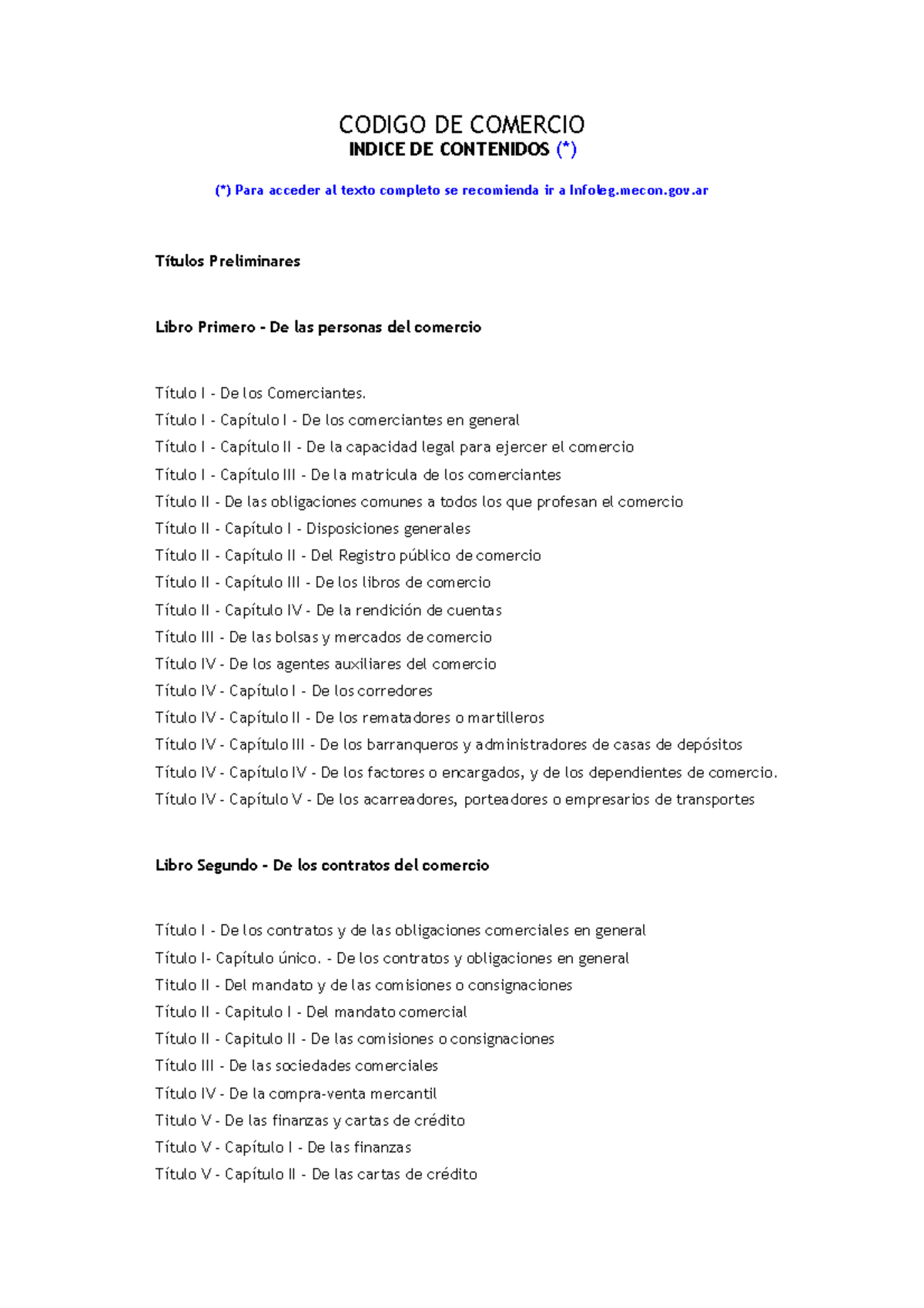 CODIGO DE COMERCIO.pdf - CODIGO DE COMERCIO INDICE DE CONTENIDOS (*) (*) Para acceder al texto ...