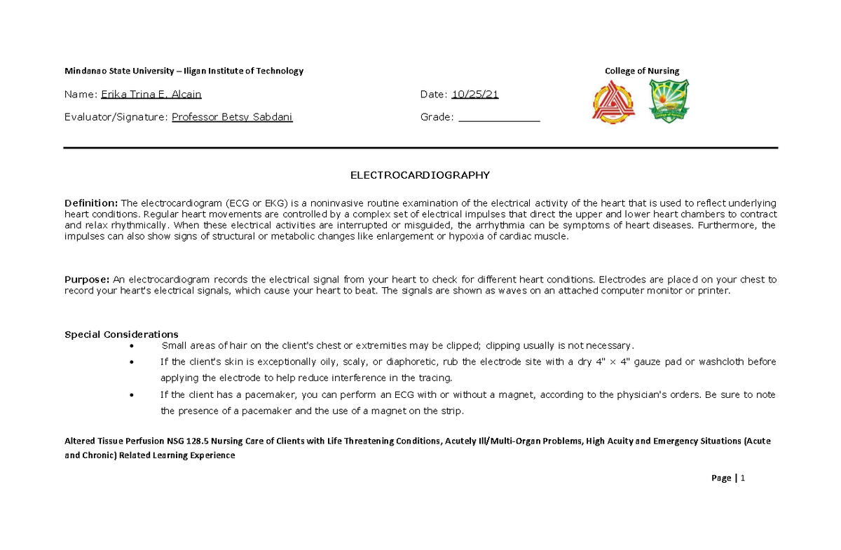Alcain - Electrocardiography-ECG Blank Checklist - Altered Tissue ...
