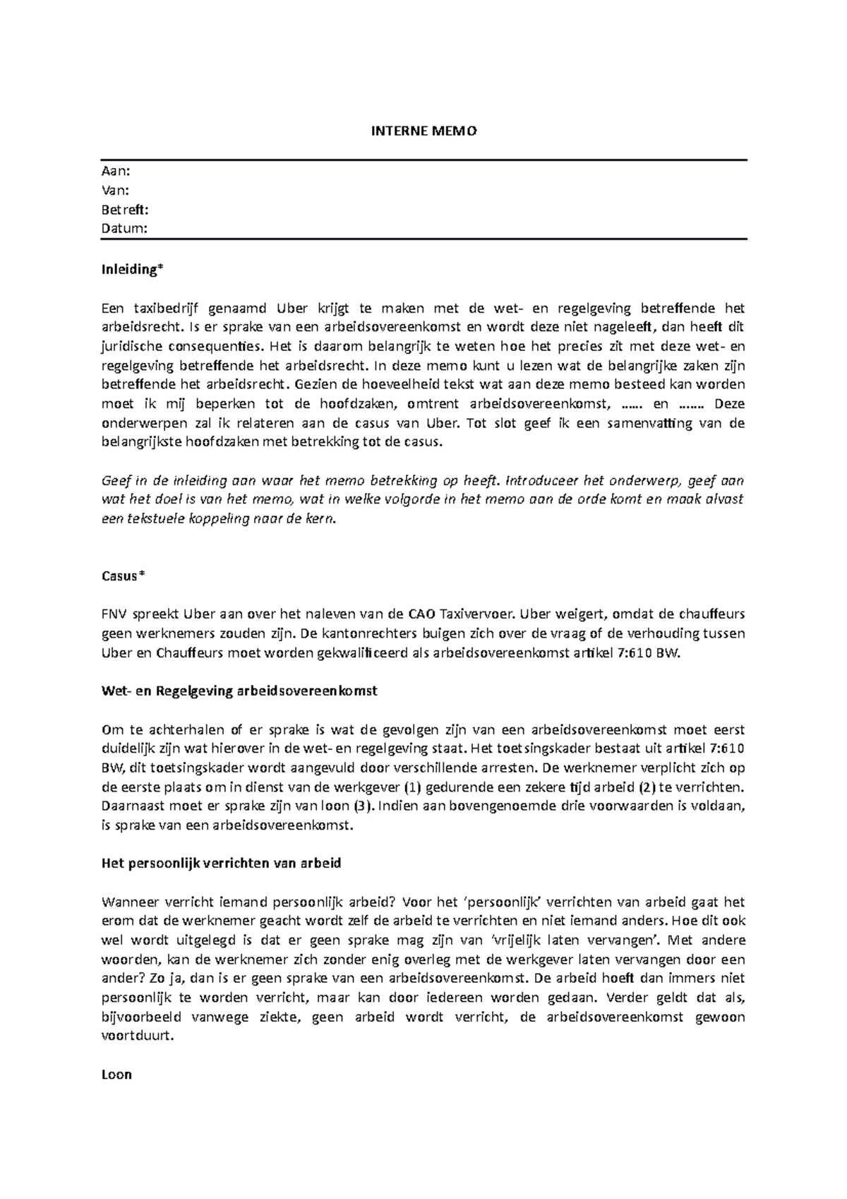 Format interne memo - INTERNE MEMO Aan: Van: Betreft: Datum: Inleiding ...