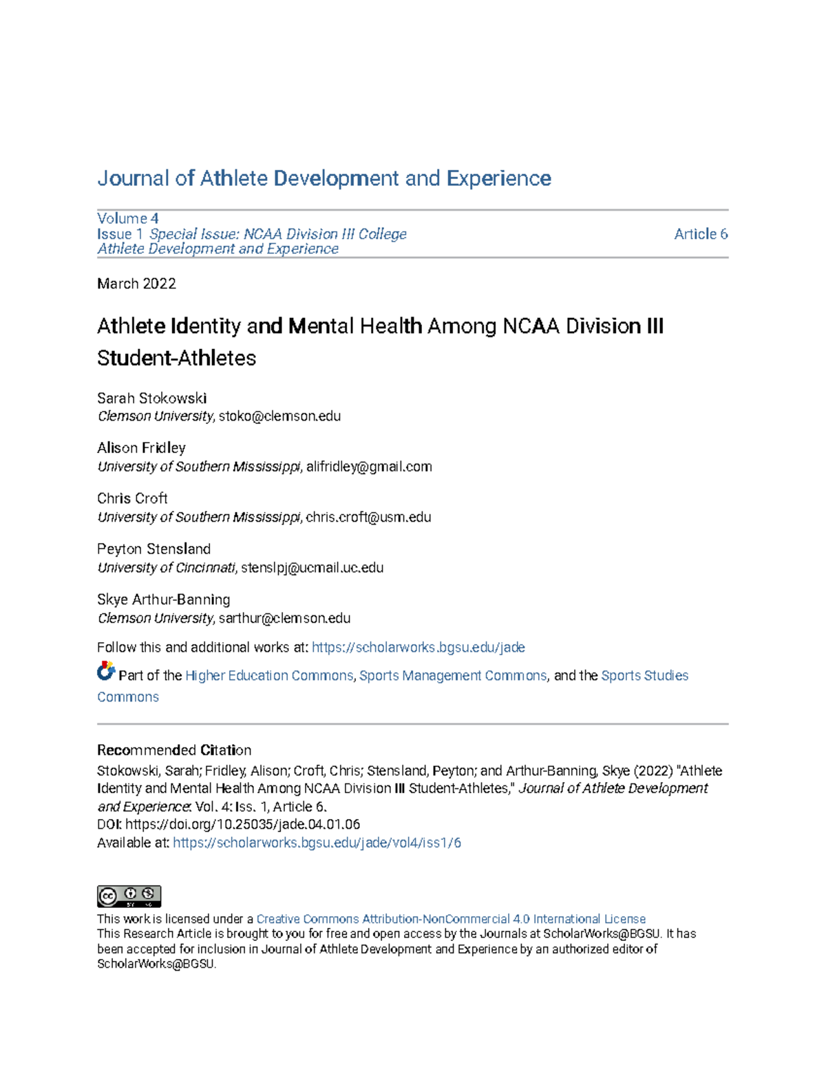 Division III Athlete Identity AND Mental Health - Journal of Athlete ...