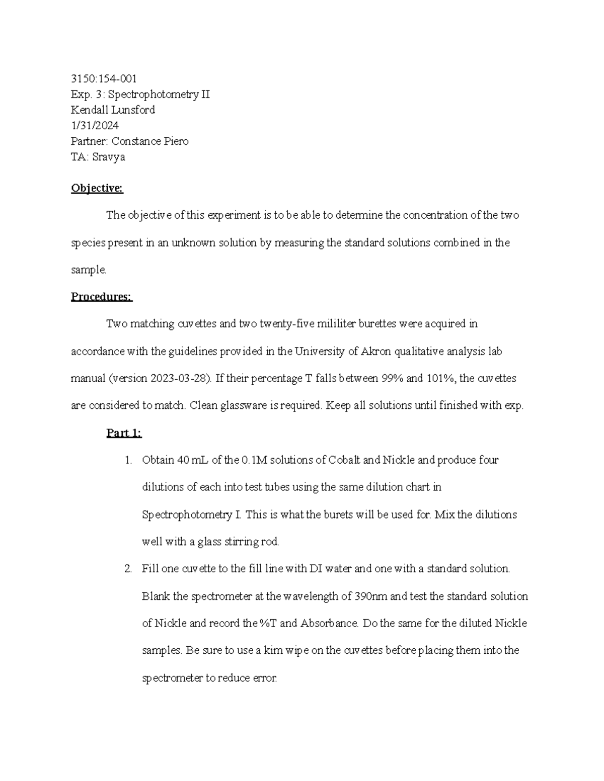 Qualitative Analysis Lab Report 3- Spectrophotometry II - 3150:154- Exp ...