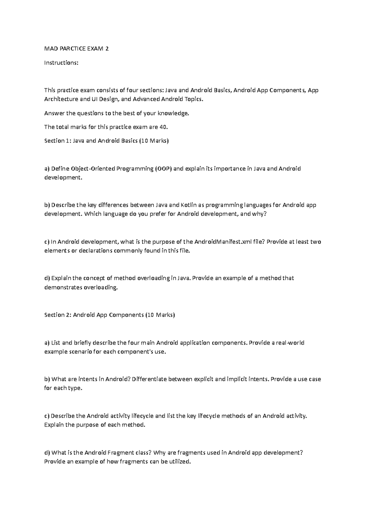 MAD Parctice EXAM 2 - ANOTHER MAD PRACTICE EXAM - MAD PARCTICE EXAM 2 ...