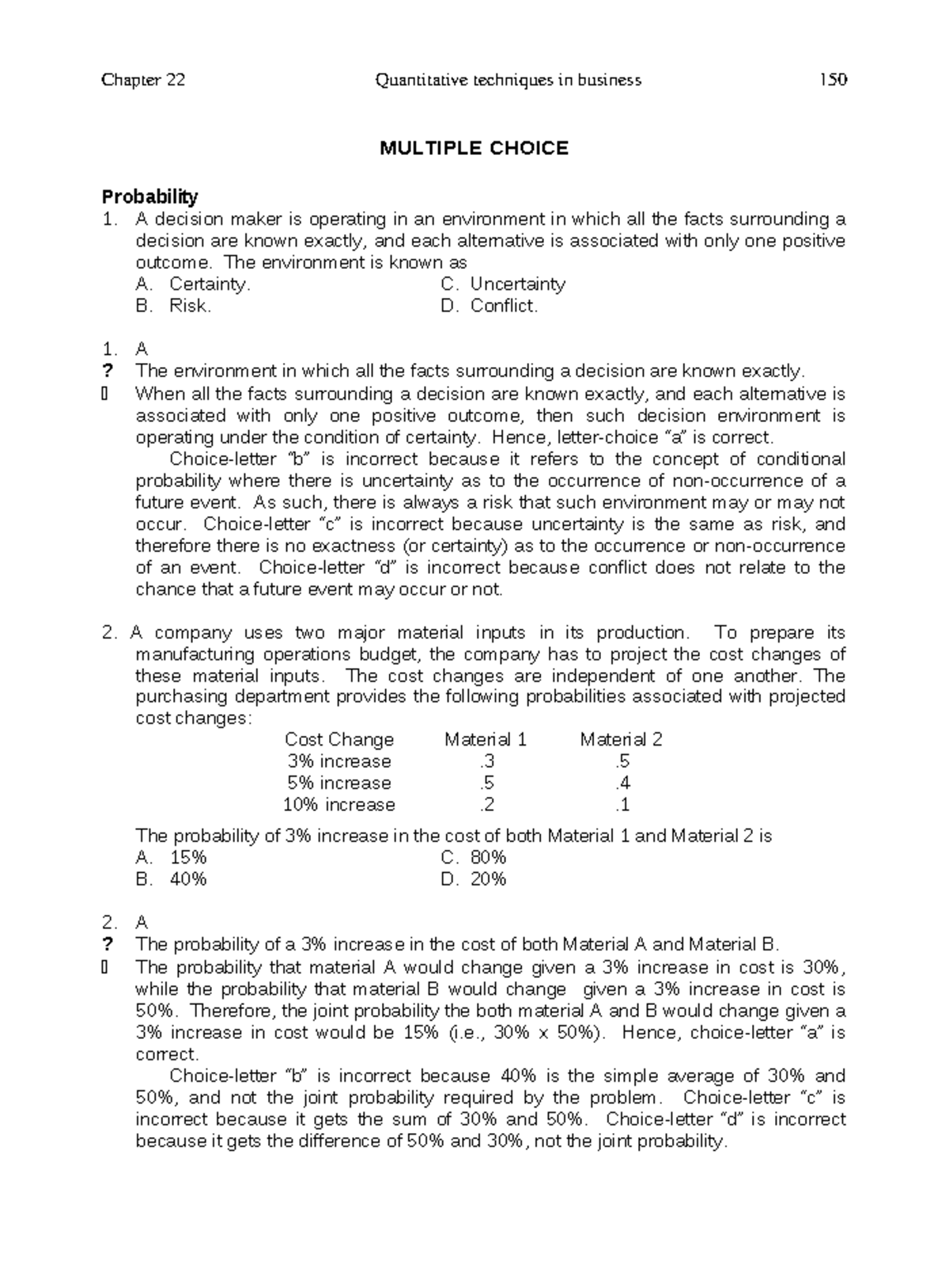 Chap 22 Quantitative Techniques - MULTIPLE CHOICE Probability A ...