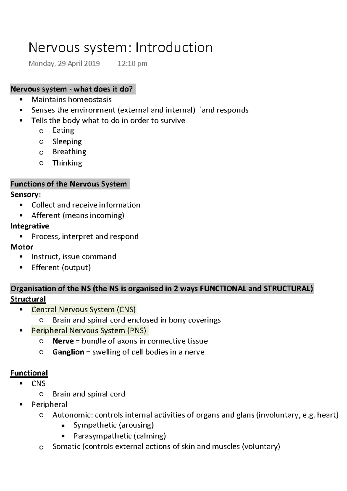 Nervous system Introduction - Nervous system -what does it do ...