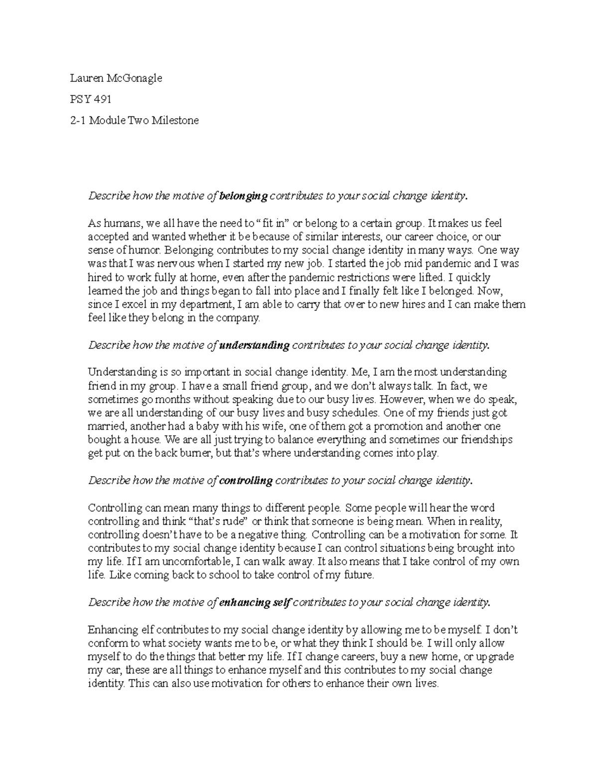 The Role of Belonging Understanding Controlling Enhancing Self and ...
