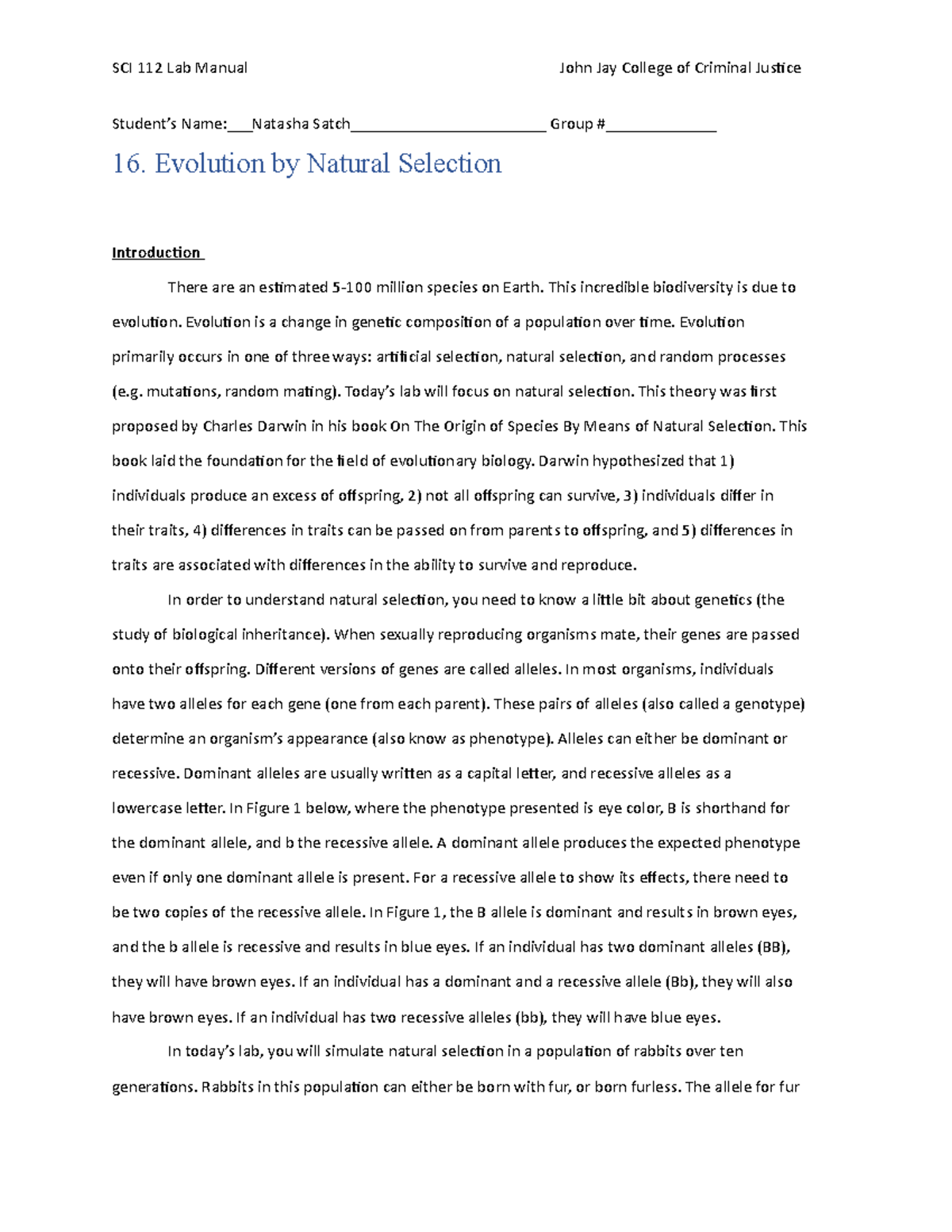 Evolution by Natural Selection Lab Collection - Student’s Name:Natasha ...