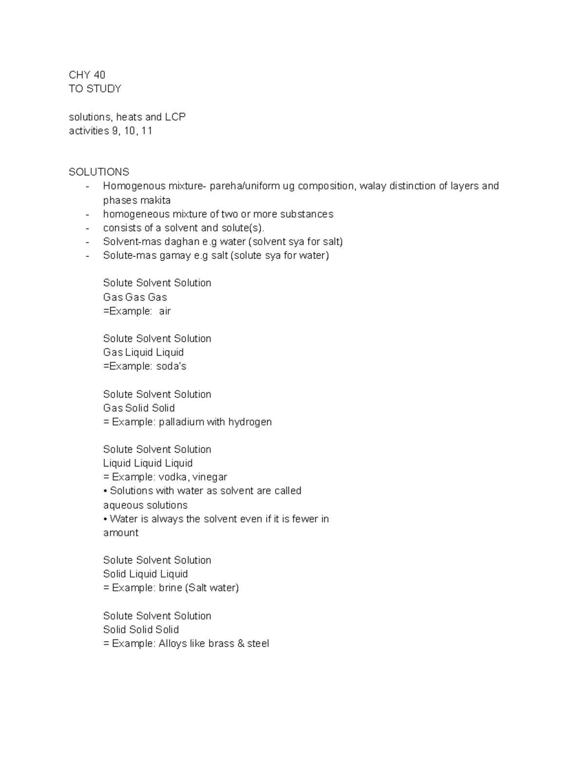 CHY-40- Solutions - CHY 40 TO STUDY solutions, heats and LCP activities ...