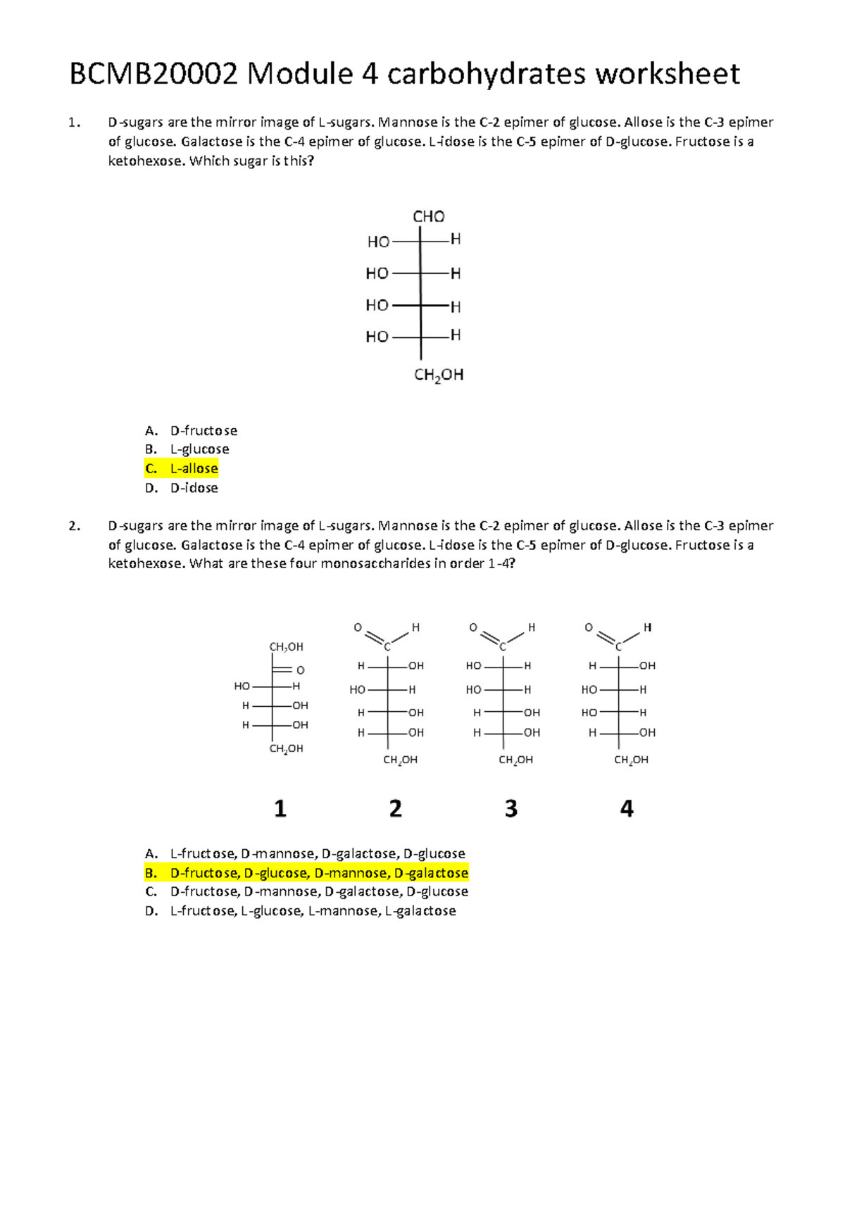 Module 4 carbohydrates worksheet with answers - D-sugars are the mirror ...