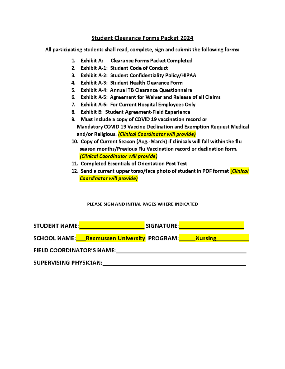 2024 Student Clearance Forms Packet - Exhibit A: Clearance Forms Packet Completed 2. Exhibit A-1 ...