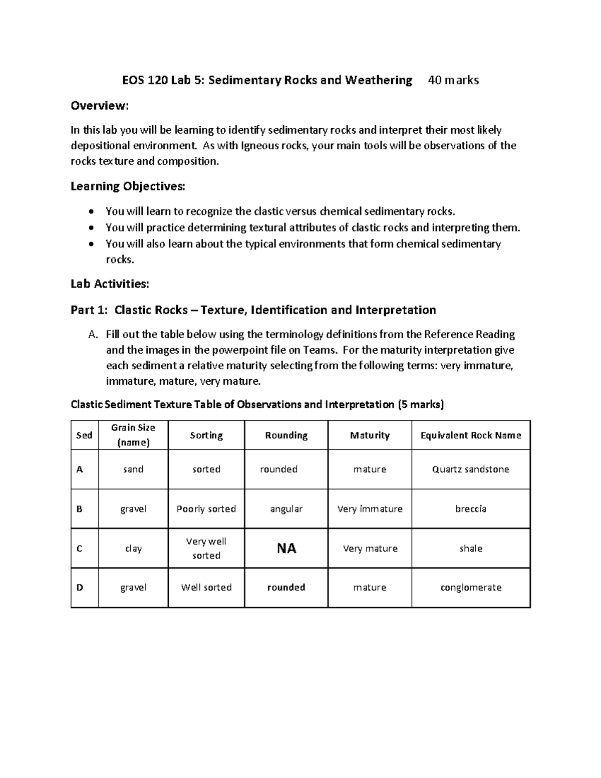 EOS B04 Lab 5 Tower M - Lab 5 - EOS 120 Lab 5: Sedimentary Rocks and ...