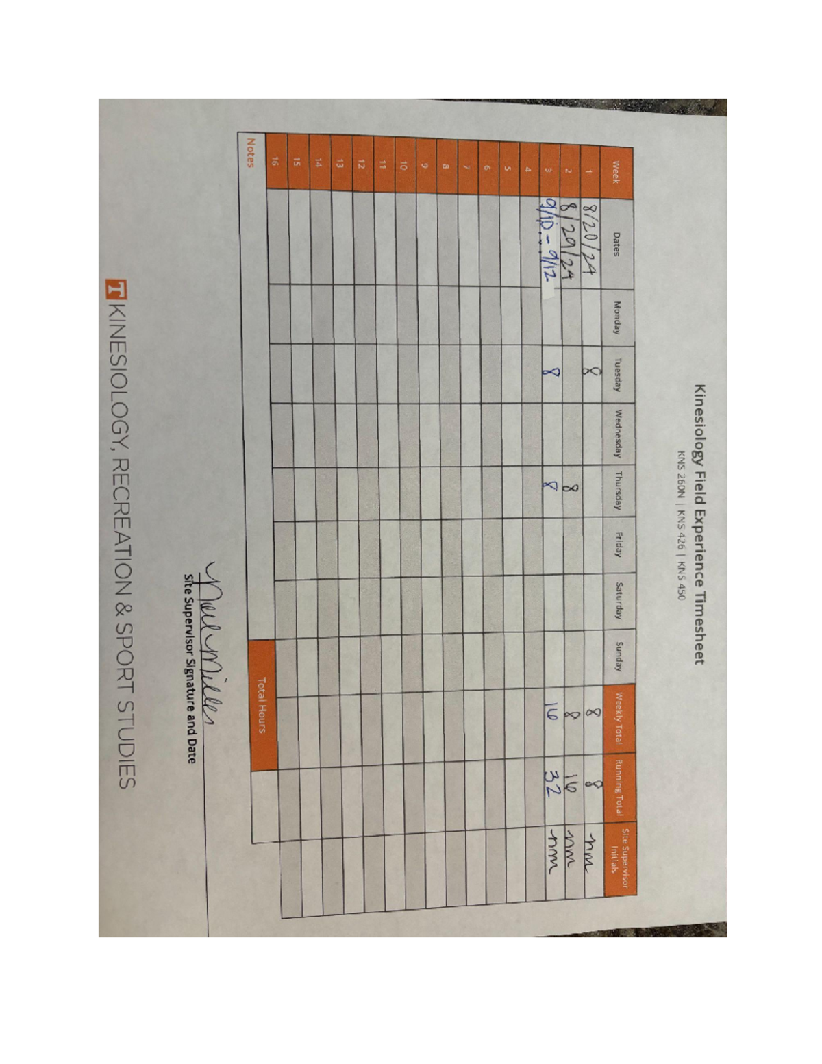 50 hour time - practicum - Kinesiology Field Experience Timesheet KNS ...