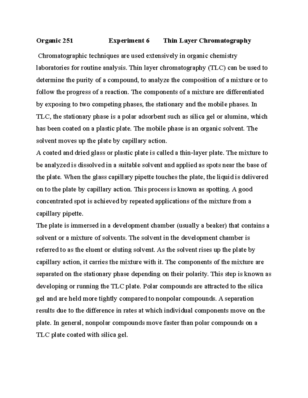 Experiment Thin Layer Chromotography(1) - Organic 251 Experiment 6 Thin ...