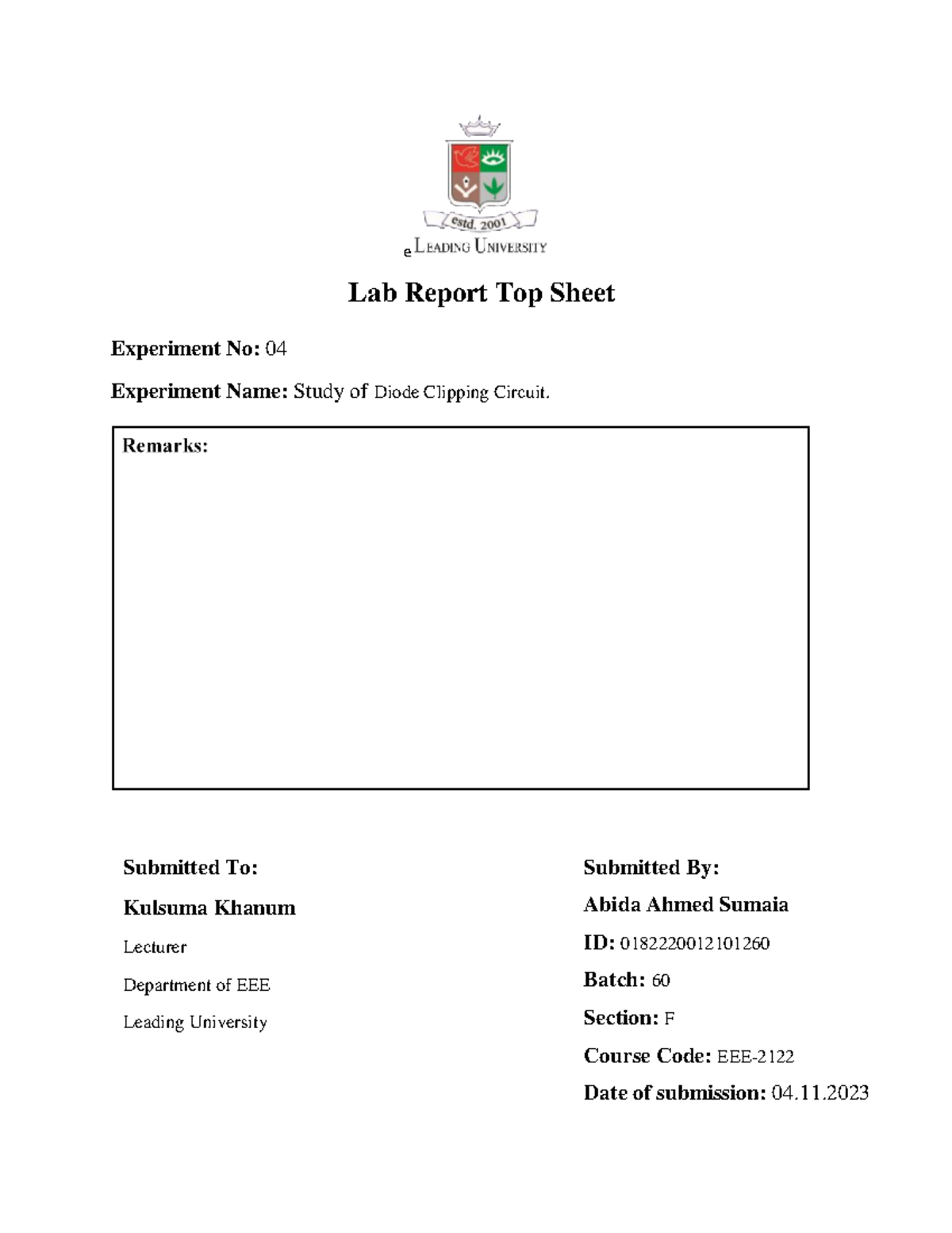 Eee Eee E Lab Report Top Sheet Experiment No 04 Experiment Name