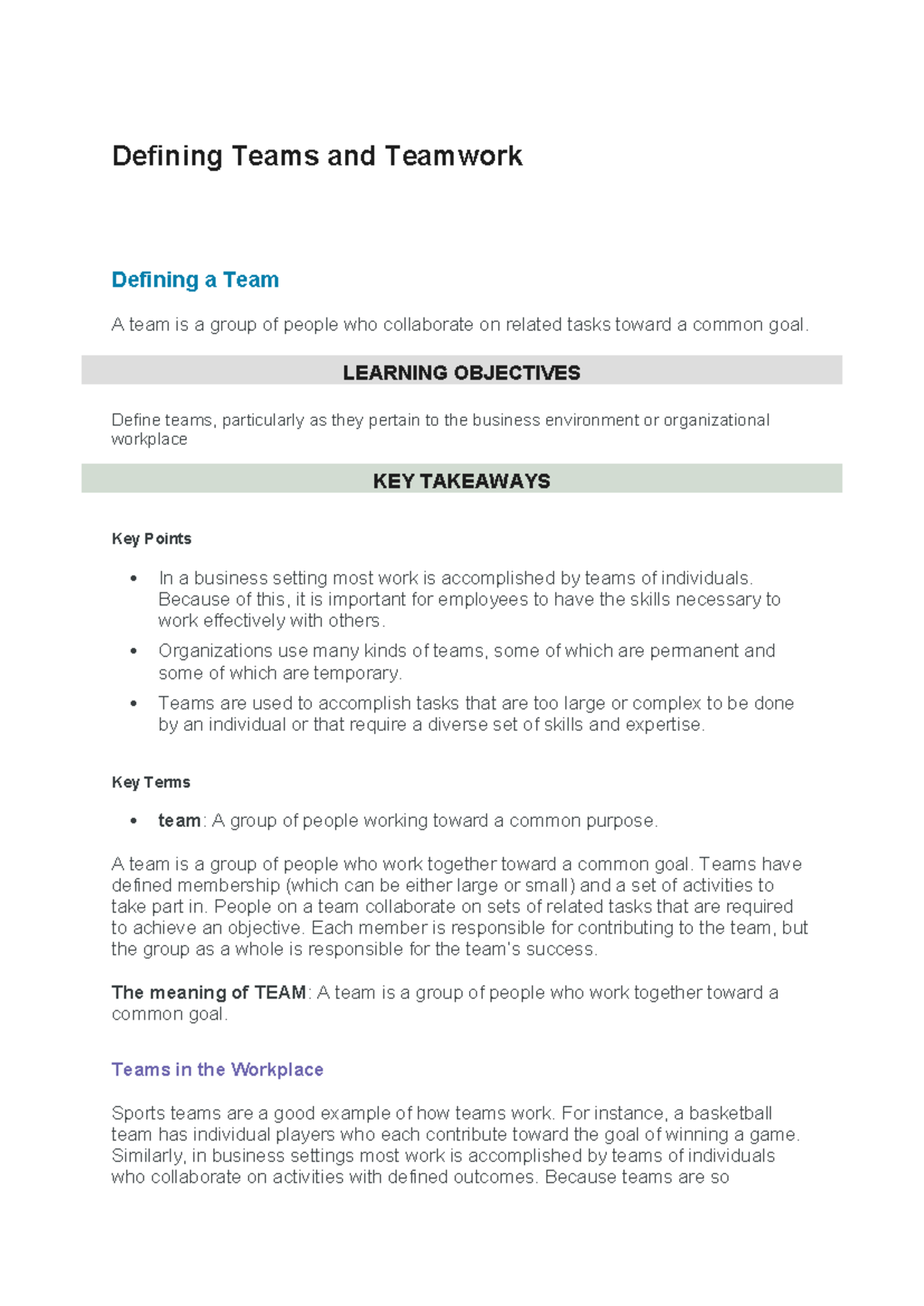 Defining Teams and Teamwork - Defining Teams and Teamwork Defining a ...