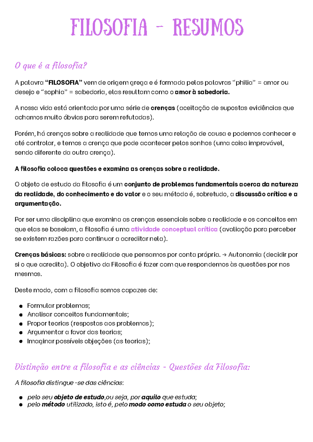 Filosofia resumo - Filosofia - resumos O que é a filosofia? A palavra ...