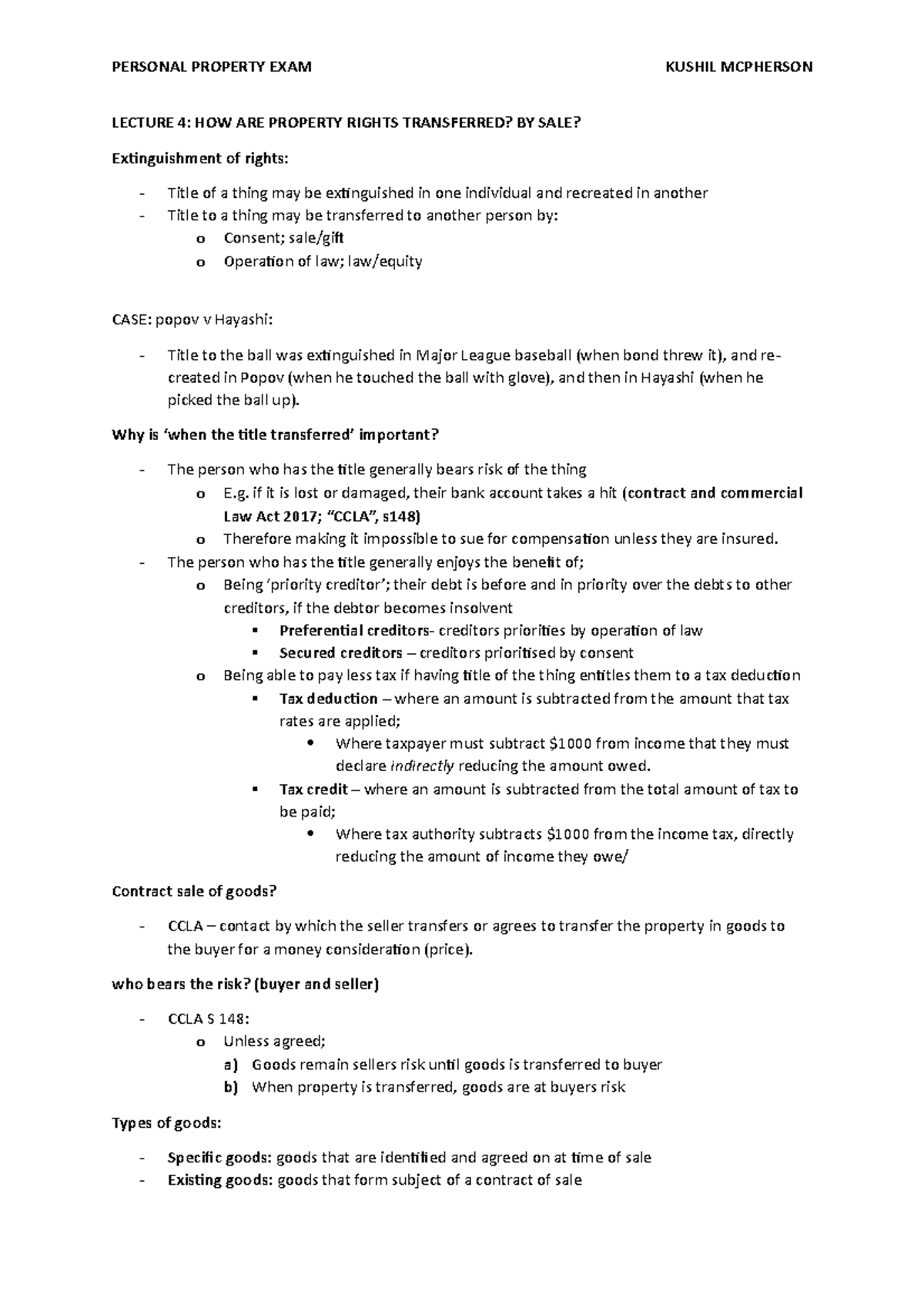 Personal property exam notes - LECTURE 4: HOW ARE PROPERTY RIGHTS ...