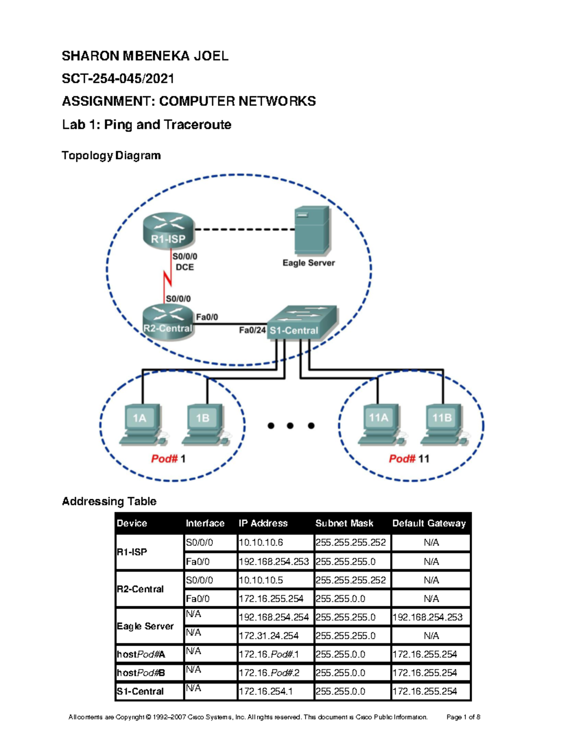 Lab 1- Ping and Traceroute - All contents are Copyright © 1992 – 2007 ...