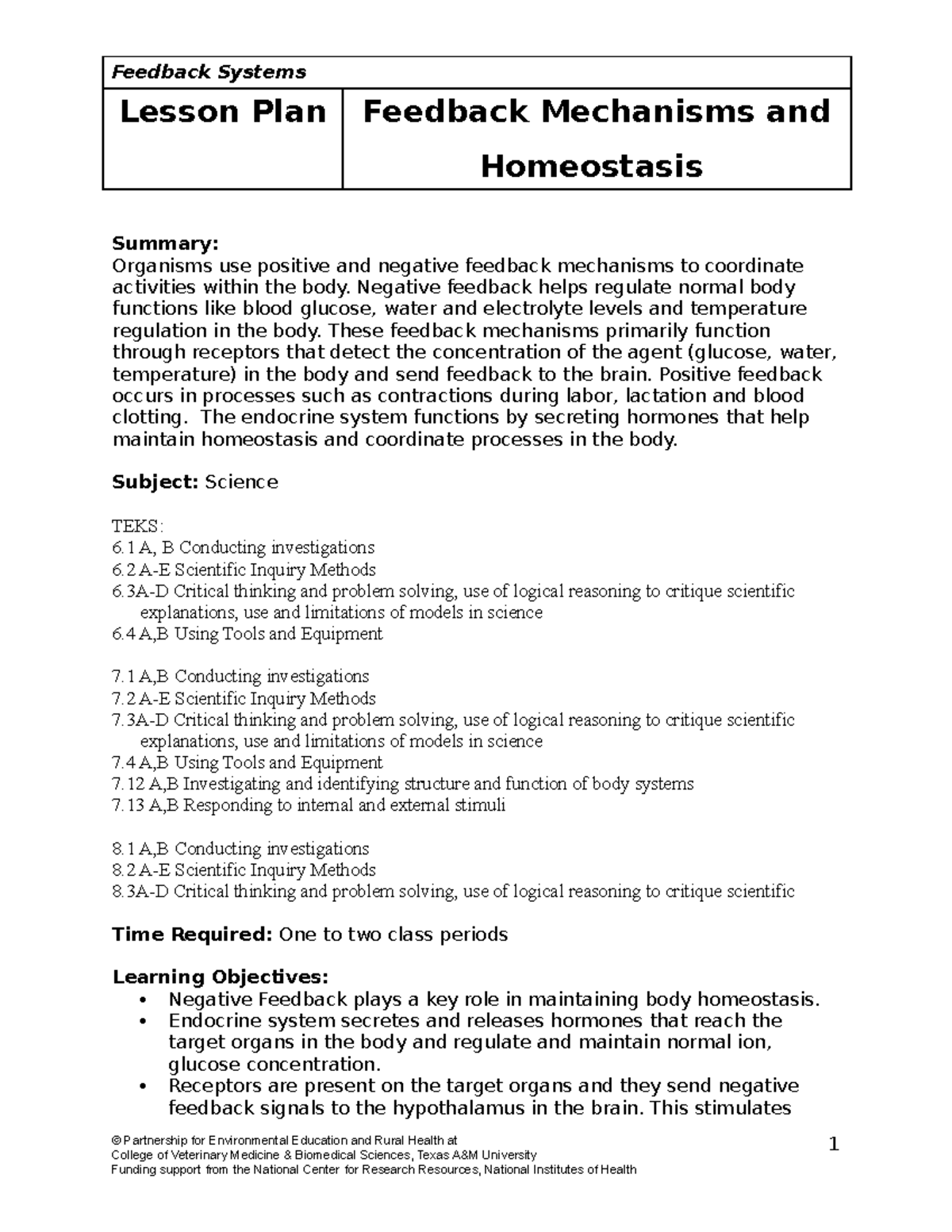Lesson Plan Feedback Mechanisms - Feedback Systems Lesson Plan Feedback ...