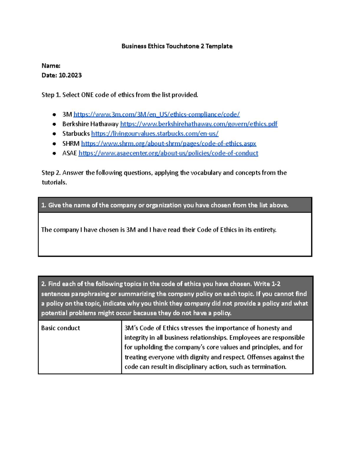Business Ethics PHI316 Touchstone 2 10 - Business Ethics Touchstone 2 Template Name: Date: 10 ...