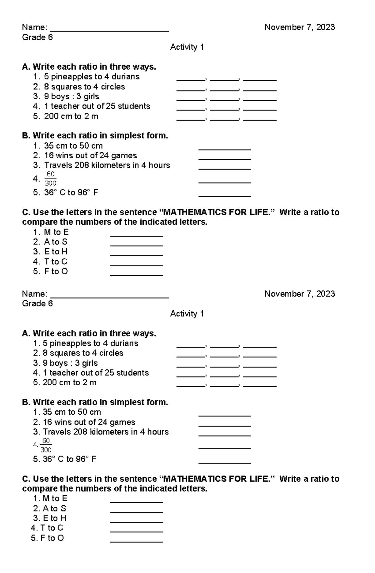 Activity 1 - Some activities for Grade 6 - Name: _________________________ November 7, 2023 ...