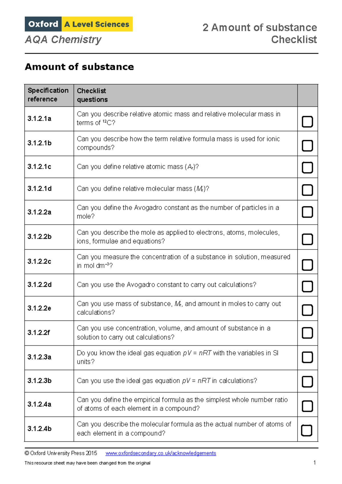 Amount of substance PLC - 2 Amount of substance AQA Chemistry Checklist ...