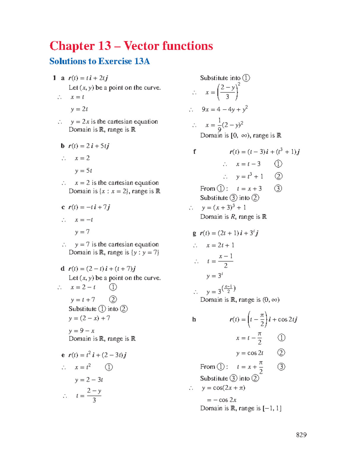 Chapter 13 worked solutions - Chapter 13 – Vector functions Solutions to Exercise 13A 1 a r(t ...