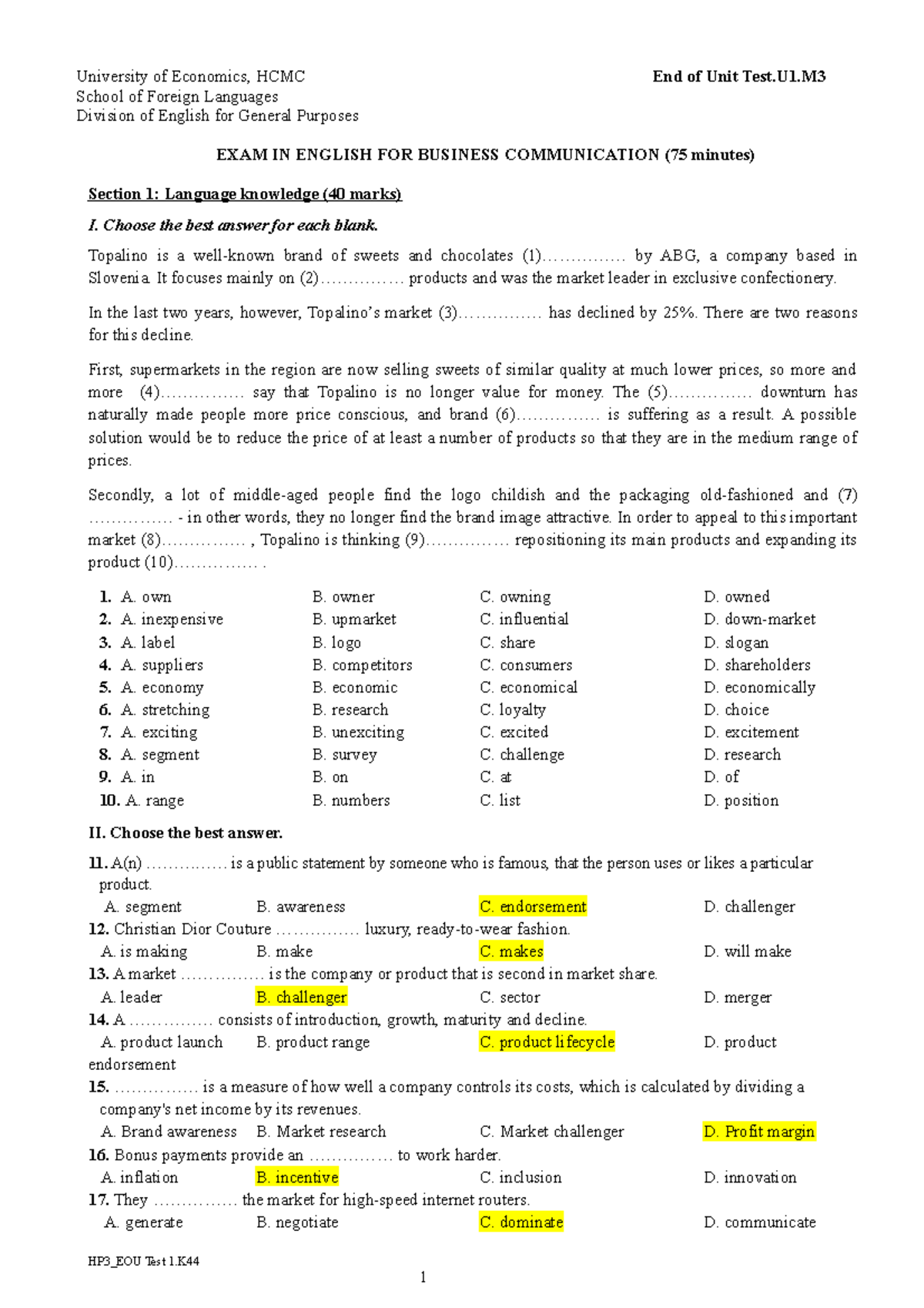 End of Unit 1 Test - English test - University of Economics, HCMC ...