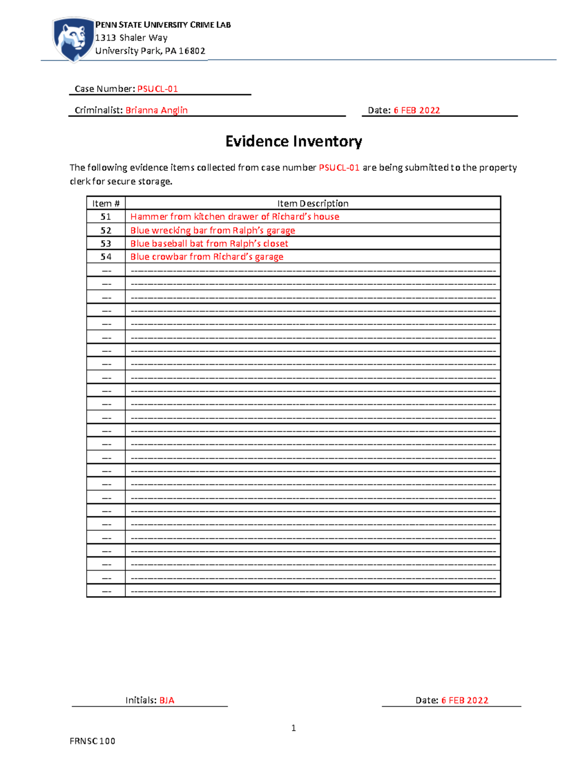Case Notes - SAK and Evidence Inventory part 2 - PENN STATE UNIVERSITY ...
