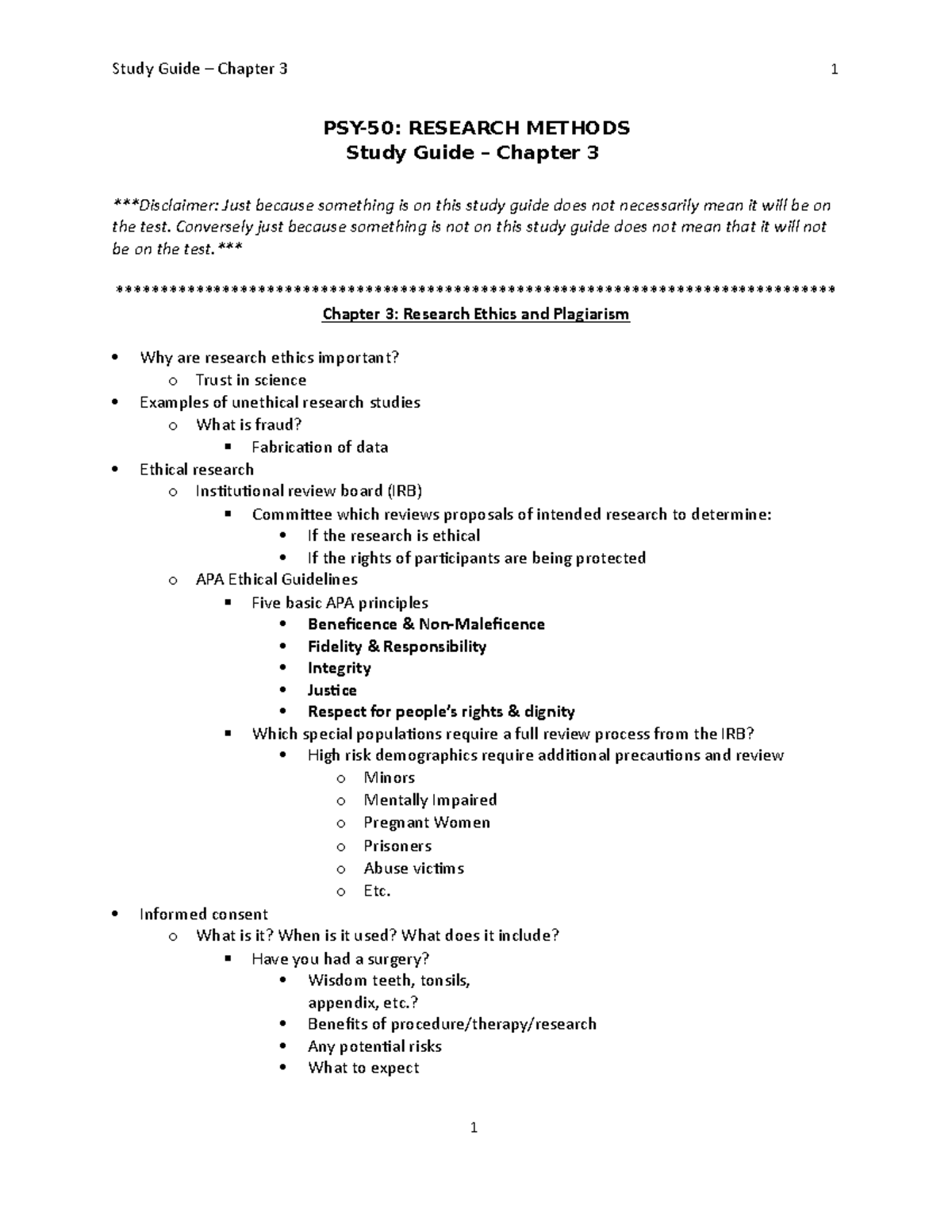 PSY 50 - Chapter 3 Study Guide - Study Guide – Chapter 3 1 PSY-50: RESEARCH METHODS Study Guide ...