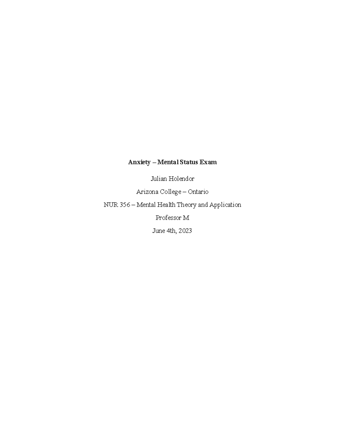 Anxaiety - Mental Status Exam PDF - Anxiety – Mental Status Exam Julian ...