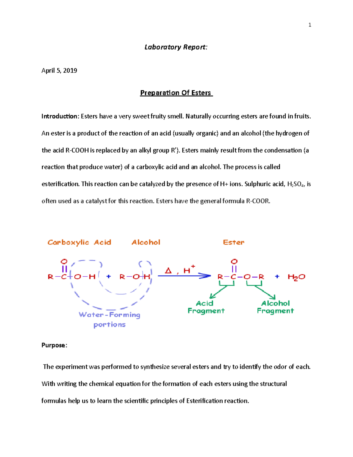 Laboratory Report (Prepration of Esters) - Laboratory Report: April 5, 2019 Preparation Of ...