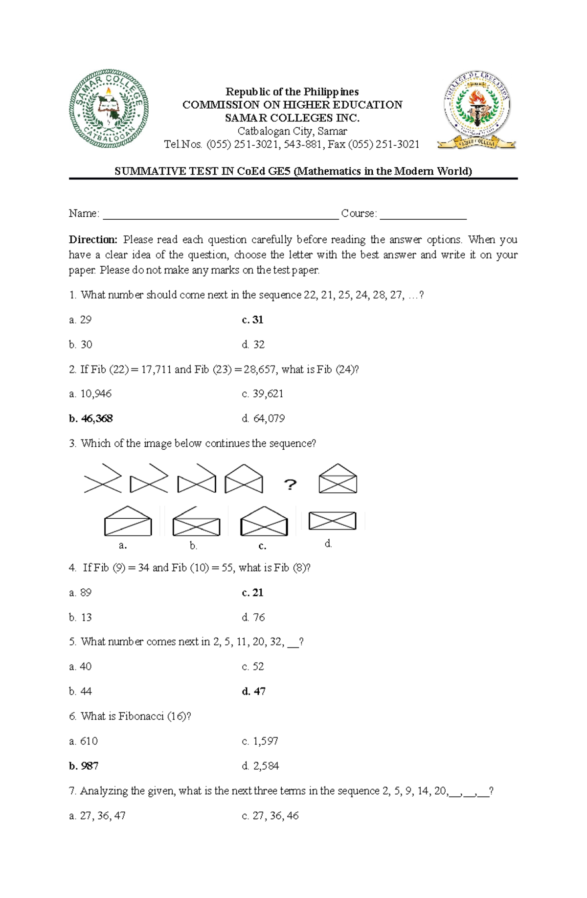 Answers KEY ( Mathematics IN THE Modern World) - Republic of the ...