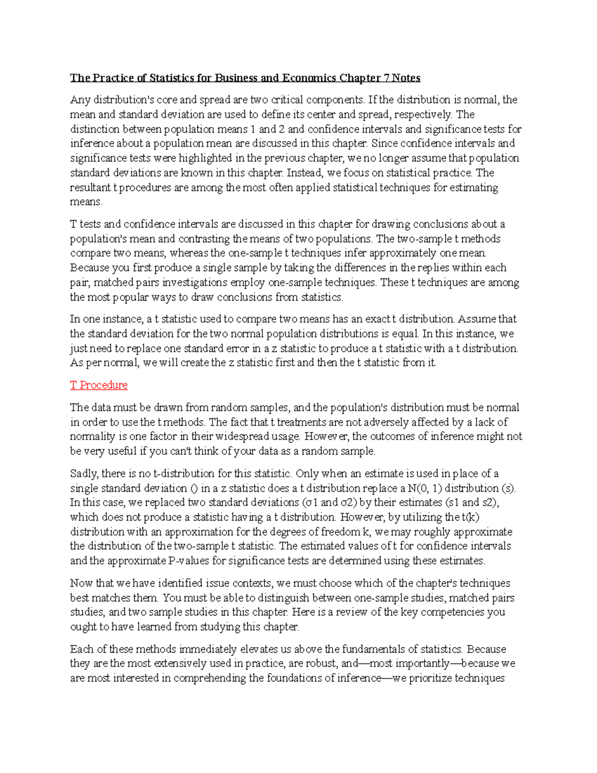 The Practice of Statistics for Business and Economics Chapter 7 Notes ...