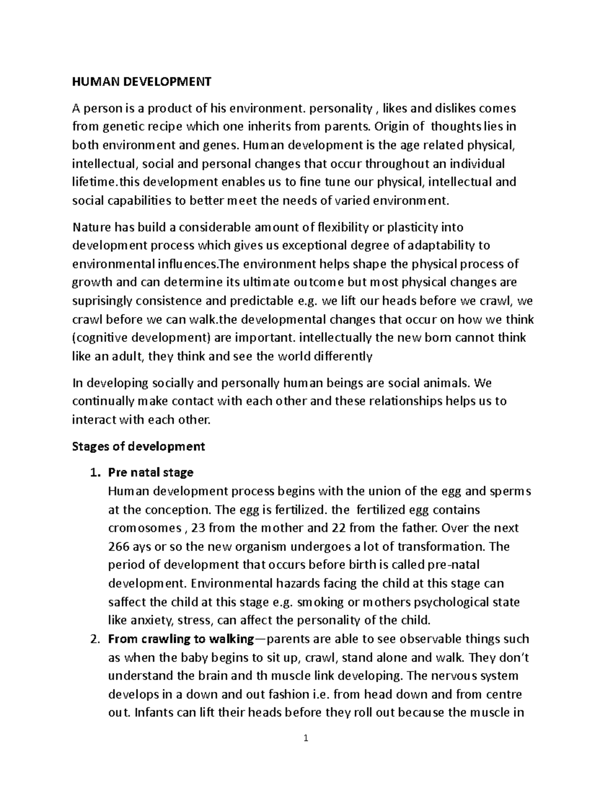 Human Development - Lecture notes All - HUMAN DEVELOPMENT A person is a ...