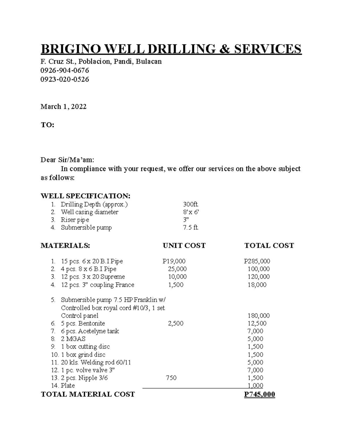 Brigino WELL Drilling - The document is an example of how a company is ...