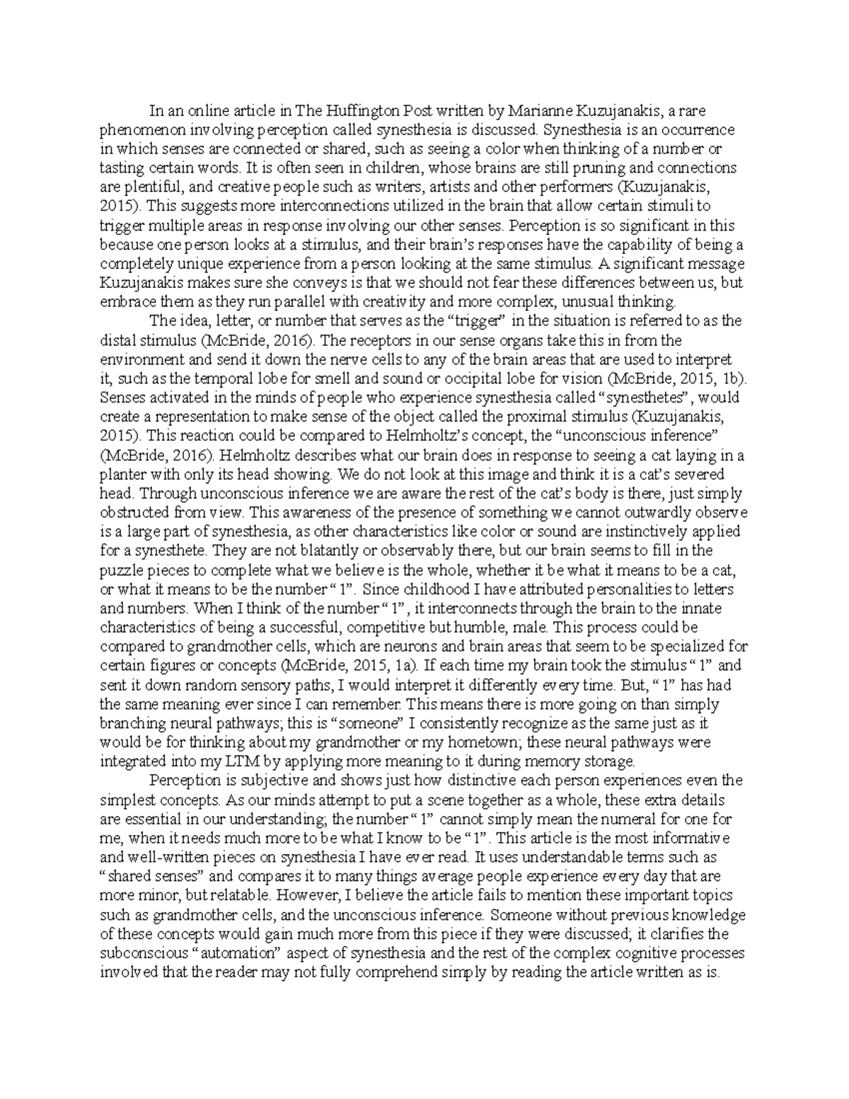 Cognitive Paper #2 - In an online article in The Huffington Post ...