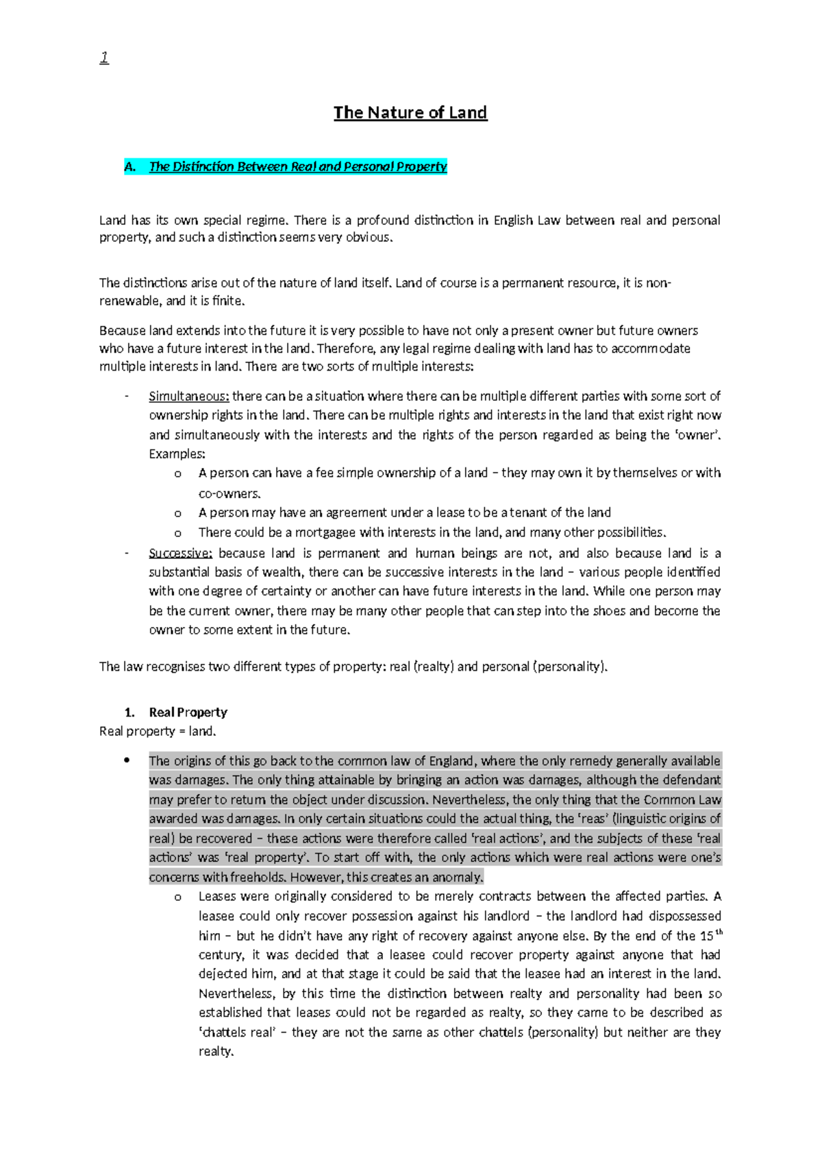 Hacked up land notes - Full year - The Nature of Land A. The ...