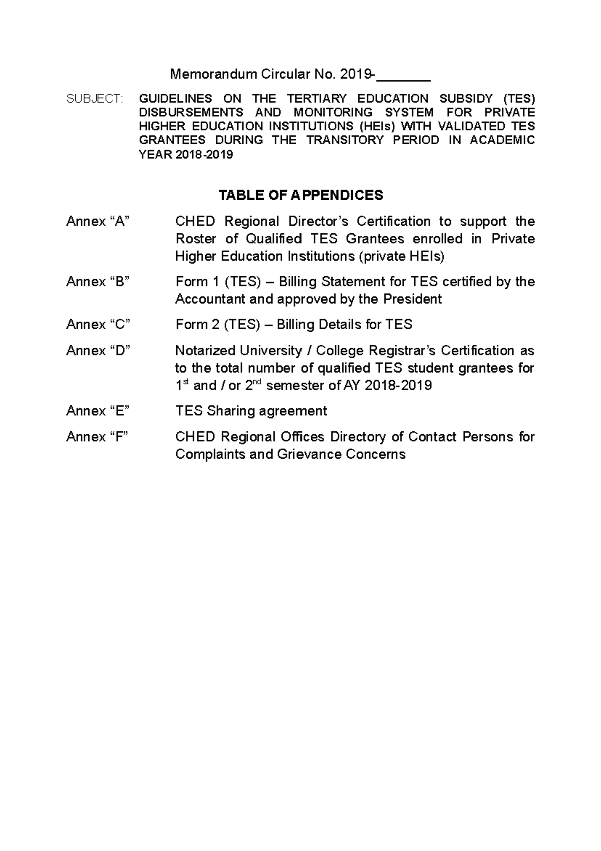 Appendices TES Guidelines on Disbursements for AY 2018 2019 ...