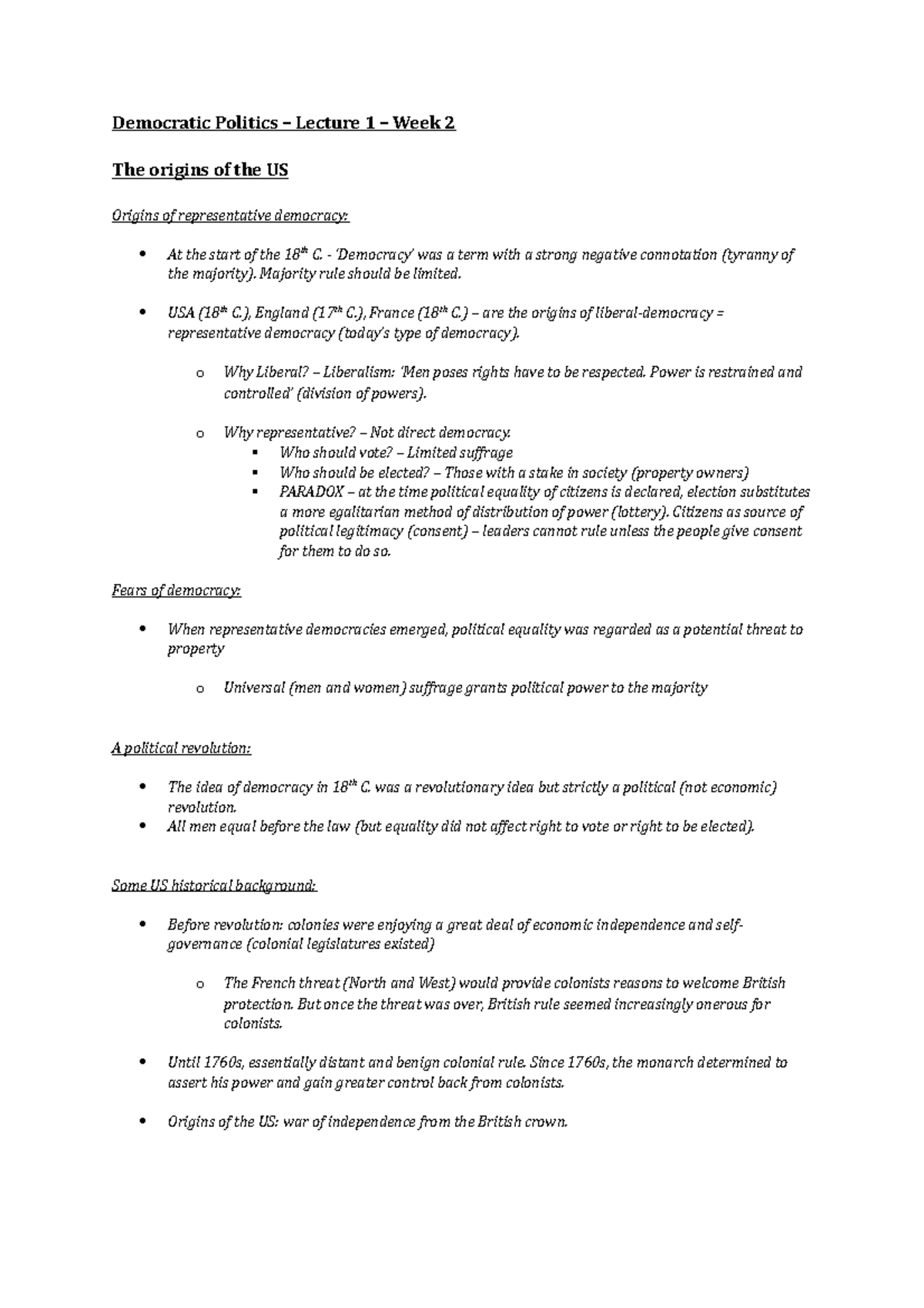 Lecture 1 Week 2 - Democratic Politics – Lecture 1 – Week 2 The origins ...