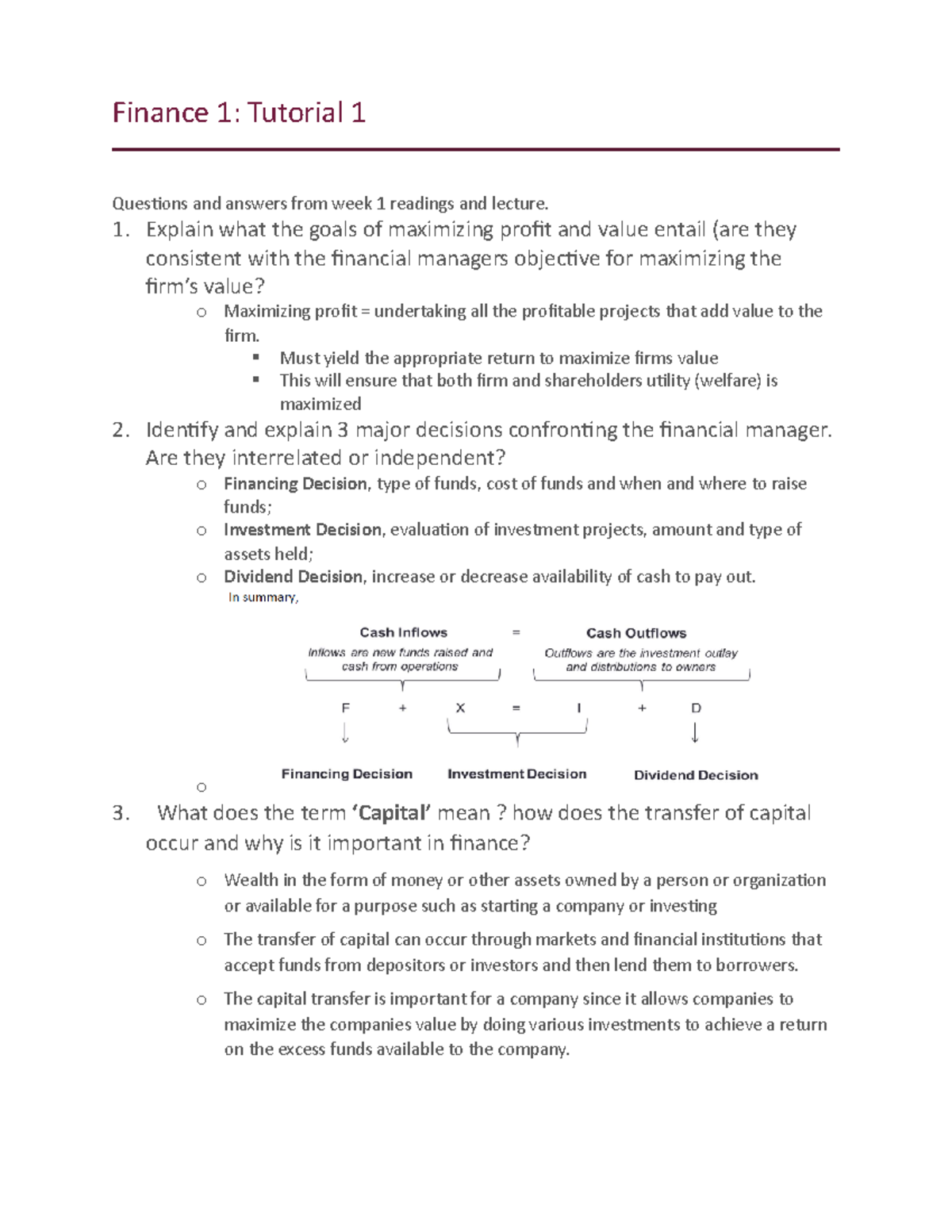 Finance 1 Tut1 Notes - Finance 1: Tutorial 1 Questions and answers from ...
