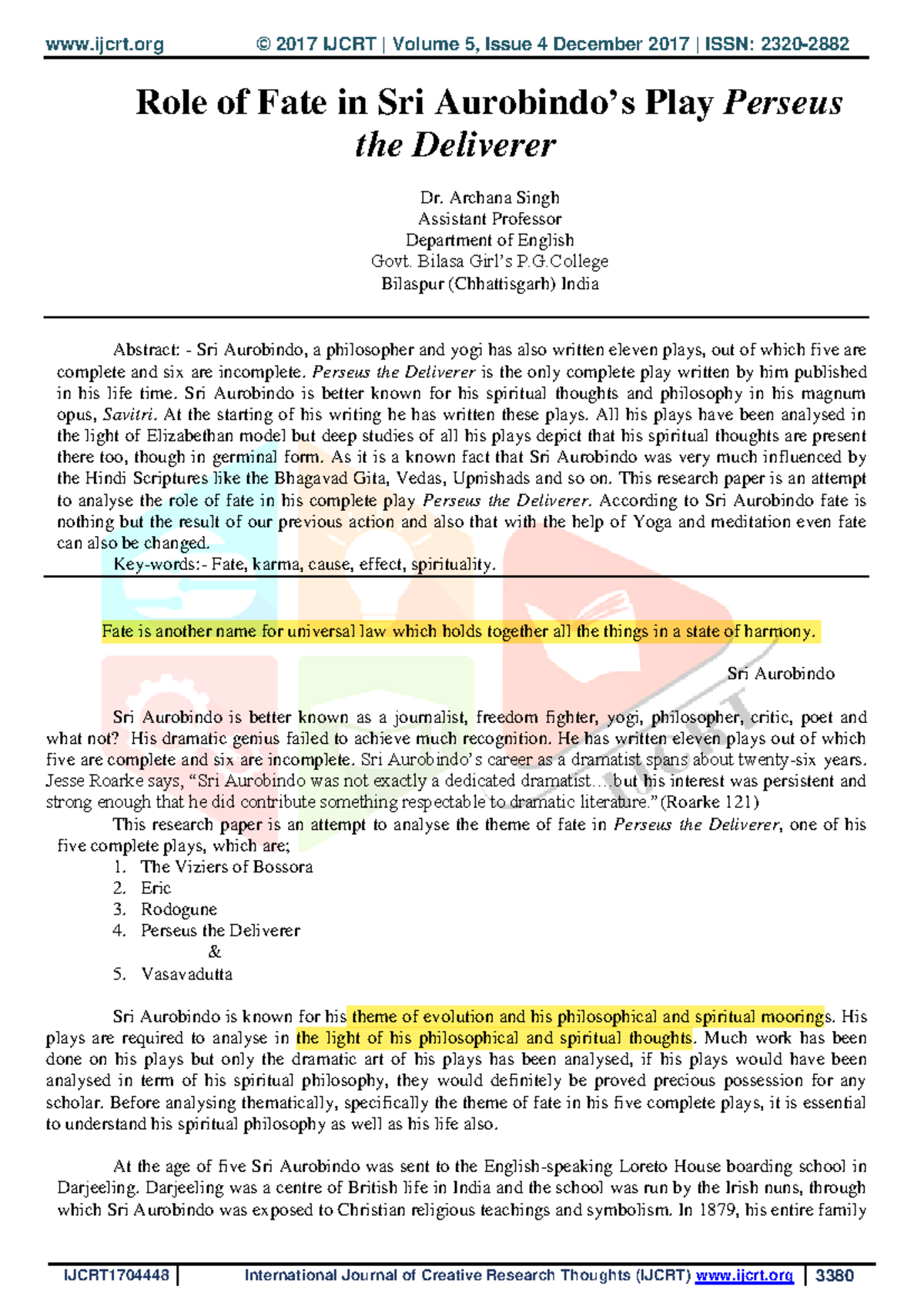 Perseus - Summary Master of Art's - Role of Fate in Sri Aurobindo’s ...