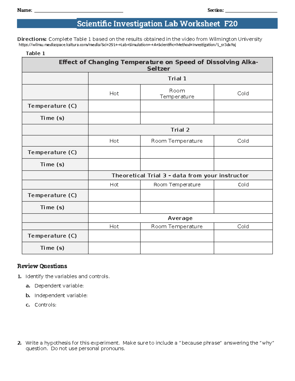 1 F20 Scientifc Investigation Worksheet - Name: Section: Scientific ...