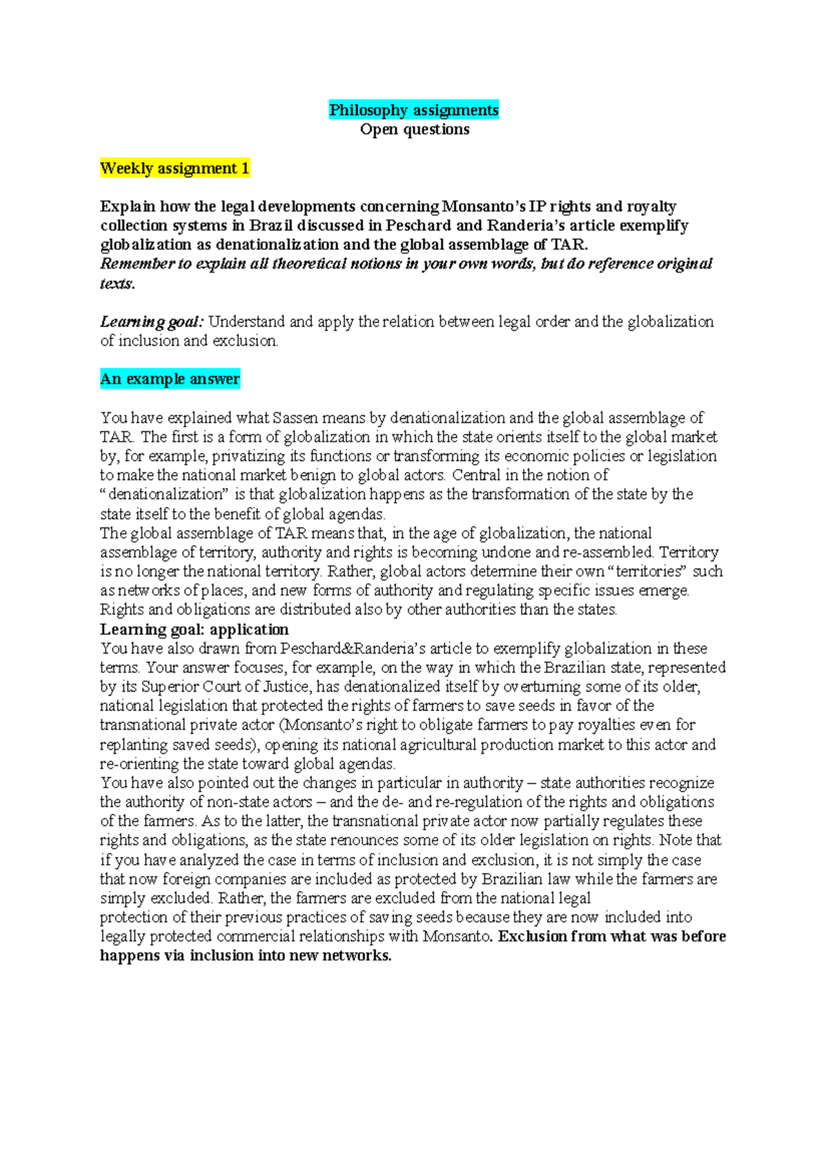 Assignments - Philosophy assignments Open questions Weekly assignment 1 ...