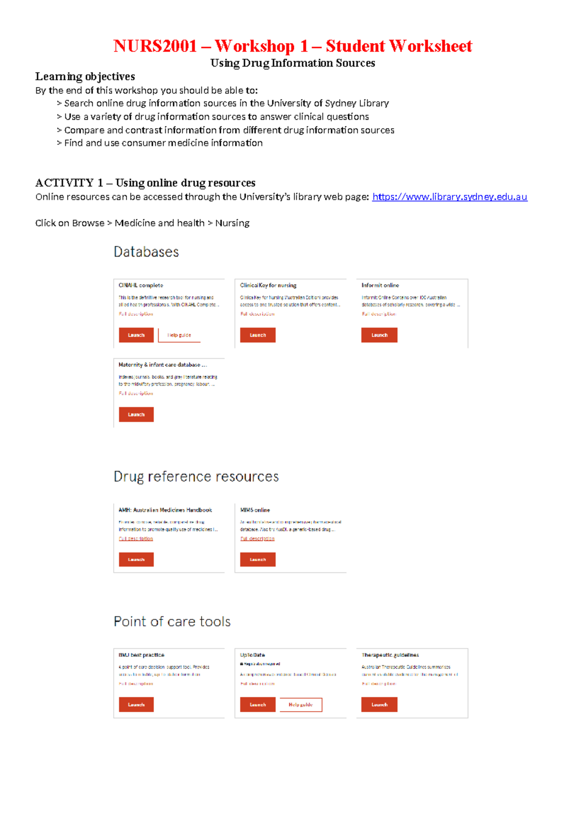 2001 week 1 tut ws - tutorial ws - NURS2001 – Workshop 1 – Student ...