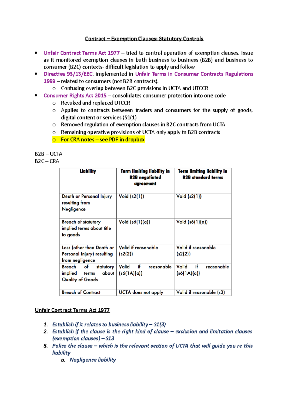 Contract – Exemption Clauses - statutory controls - Contract ...