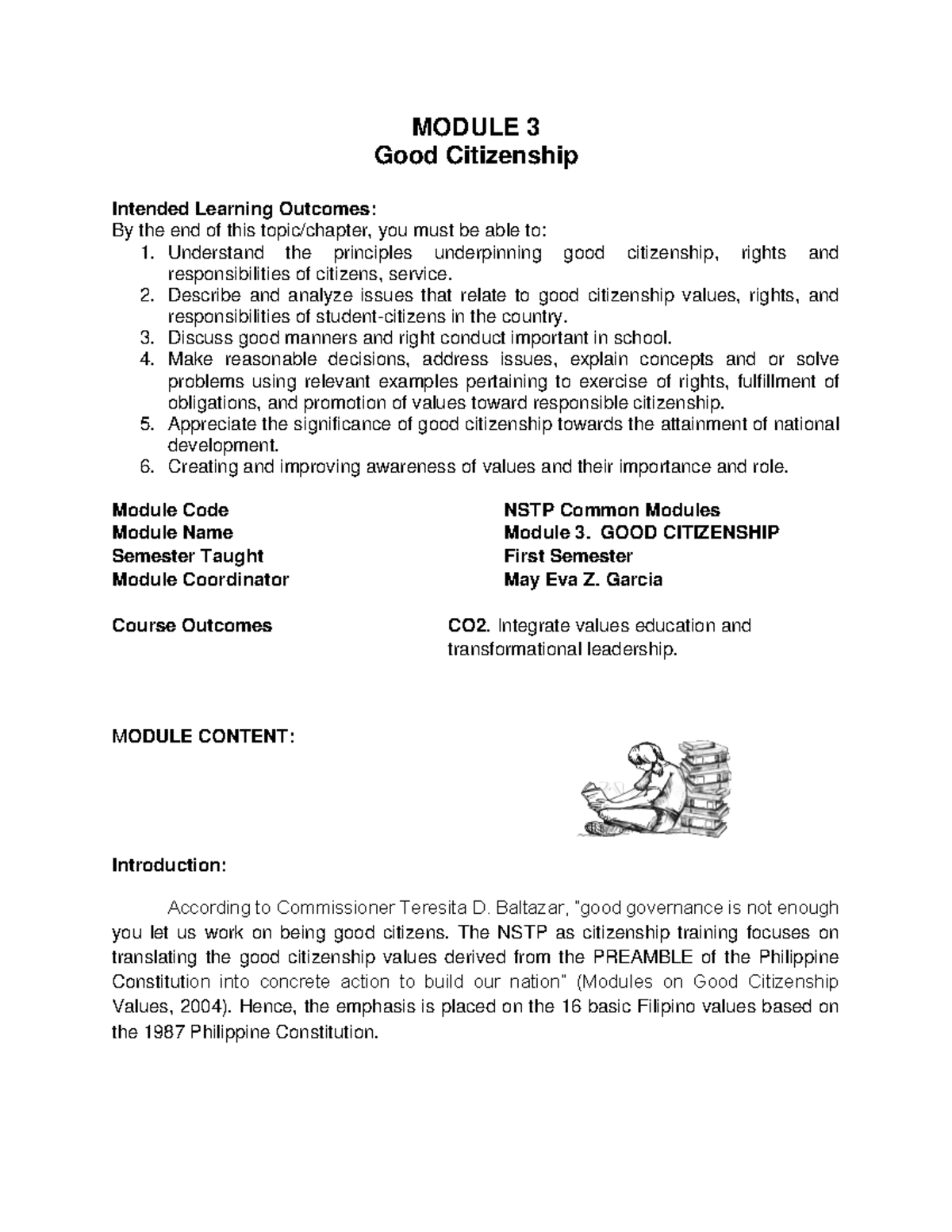 Module 3 Good Citizenship - MODULE 3 Good Citizenship Intended Learning Outcomes: By the end of ...